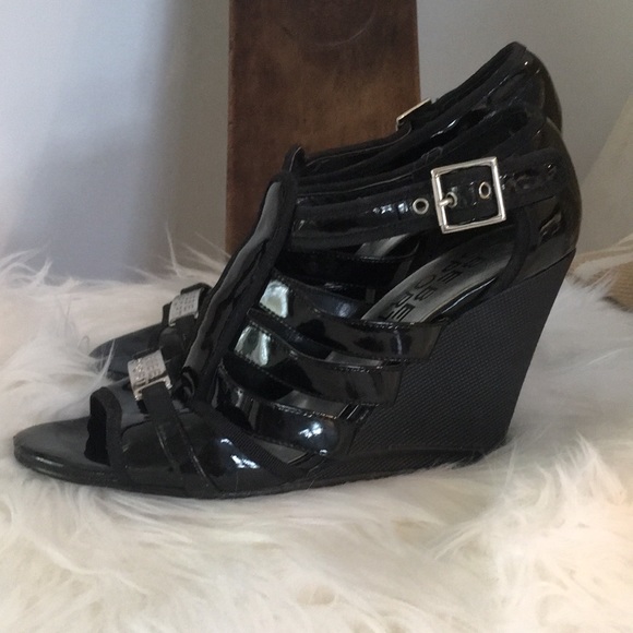 bebe | Shoes | Bebe Sport Vintage Patent Leather Wedge Sandals | Poshmark